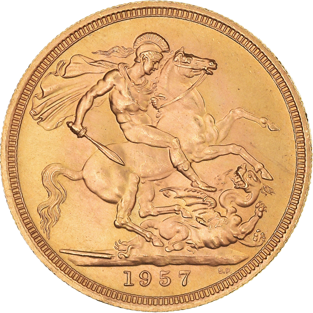 Coin, Great Britain, Elizabeth II, Sovereign, 1957, London, , Gold, KM:908