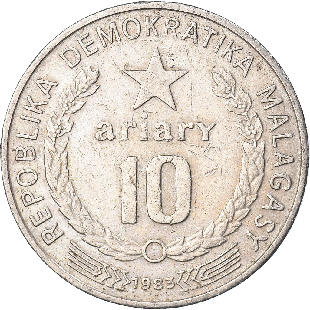 Coin, Madagascar, 10 Ariary, 1983, VF(30-35), Copper-nickel, KM:13b