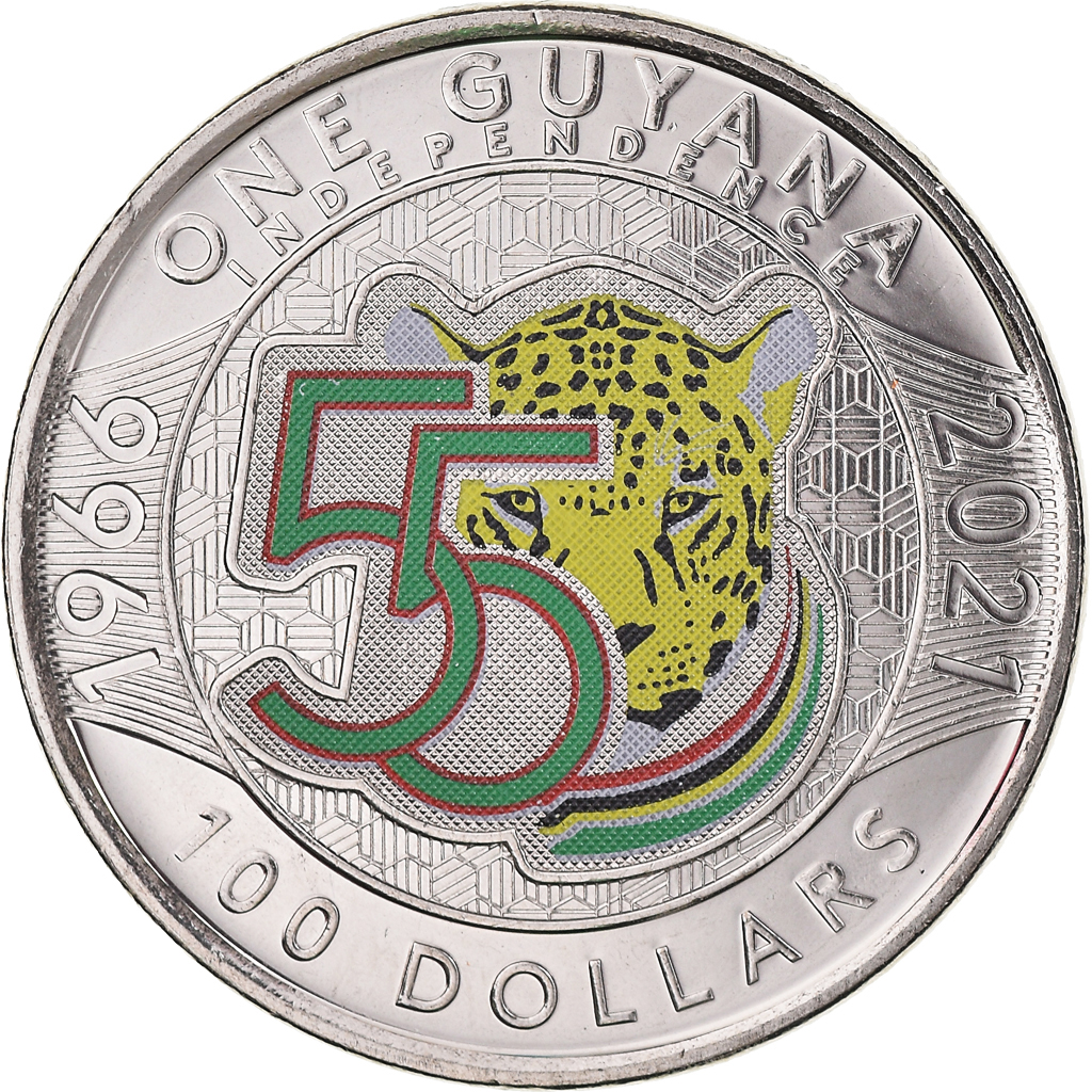 Coin, Guyana, 100 Dollars, 2021, 55 Years of Independence.colorized.,