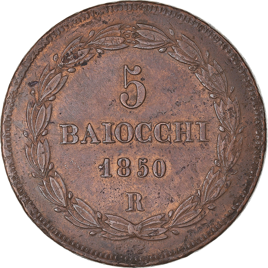 Coin, ITALIAN STATES, PAPAL STATES, Pius IX, 5 Baiocchi, 1850, Rome,