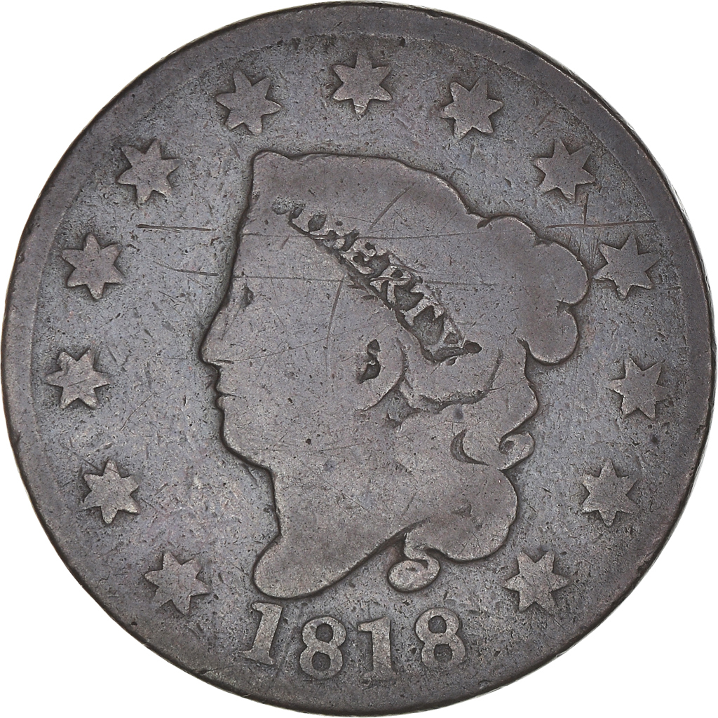 Coin, United States, Coronet Cent, Cent, 1818, U.S. Mint, Philadelphia