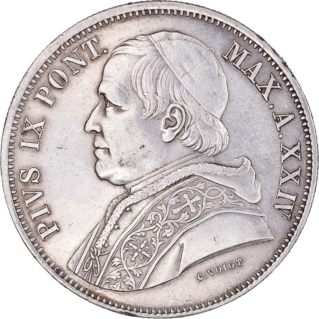 Coin, ITALIAN STATES, PAPAL STATES, Pius IX, 5 Lire, 1870, Rome,