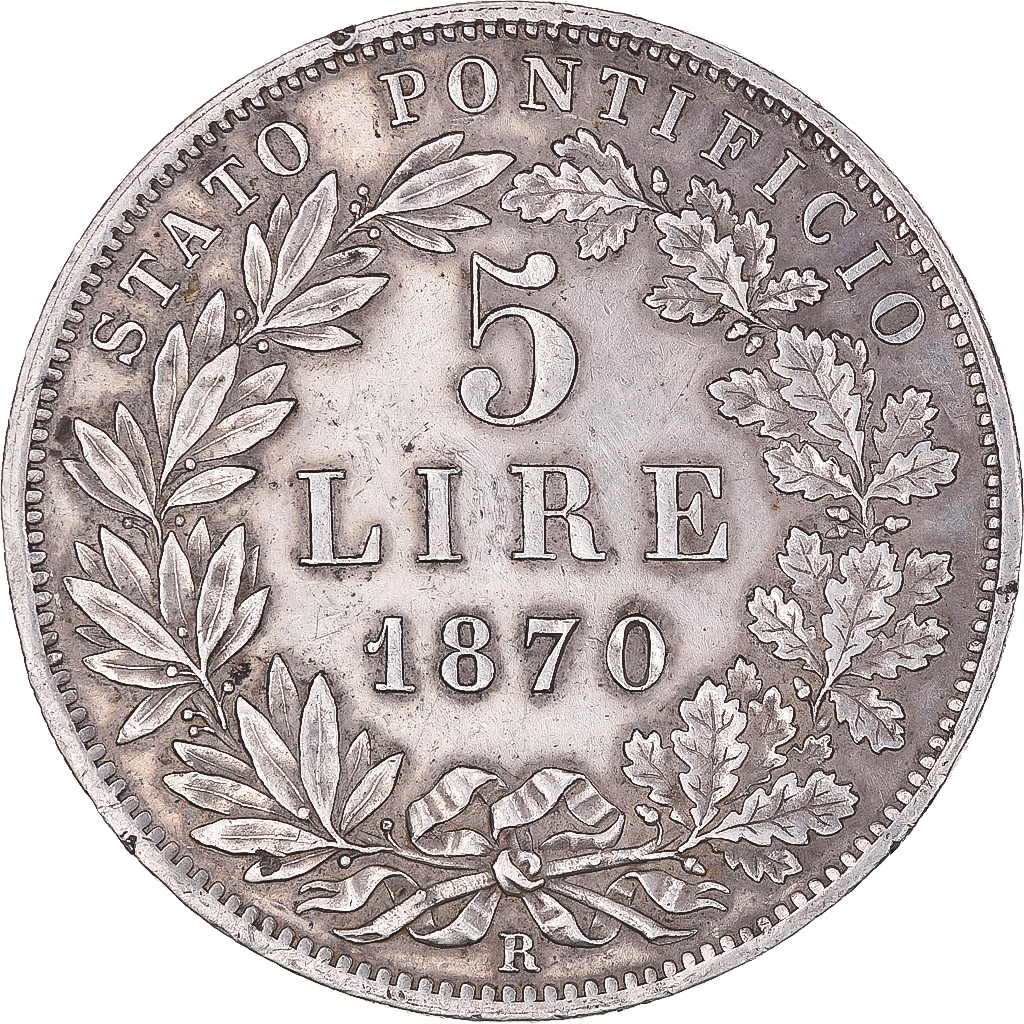 Coin, ITALIAN STATES, PAPAL STATES, Pius IX, 5 Lire, 1870, Rome,