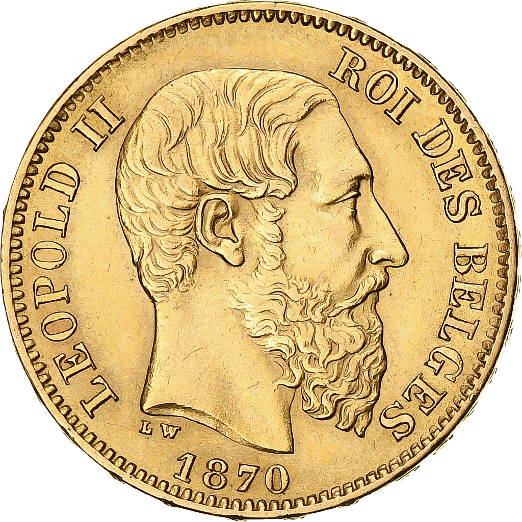 Coin, Belgium, Leopold II, 20 Francs, 20 Frank, 1870, Faulty edge,