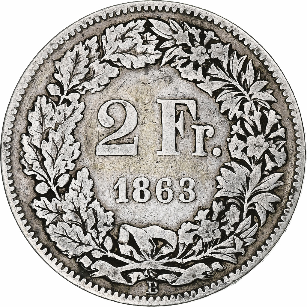 Switzerland, 2 Francs, 1863, Bern, KM #10a, , Silver, 9.70 | European Coins