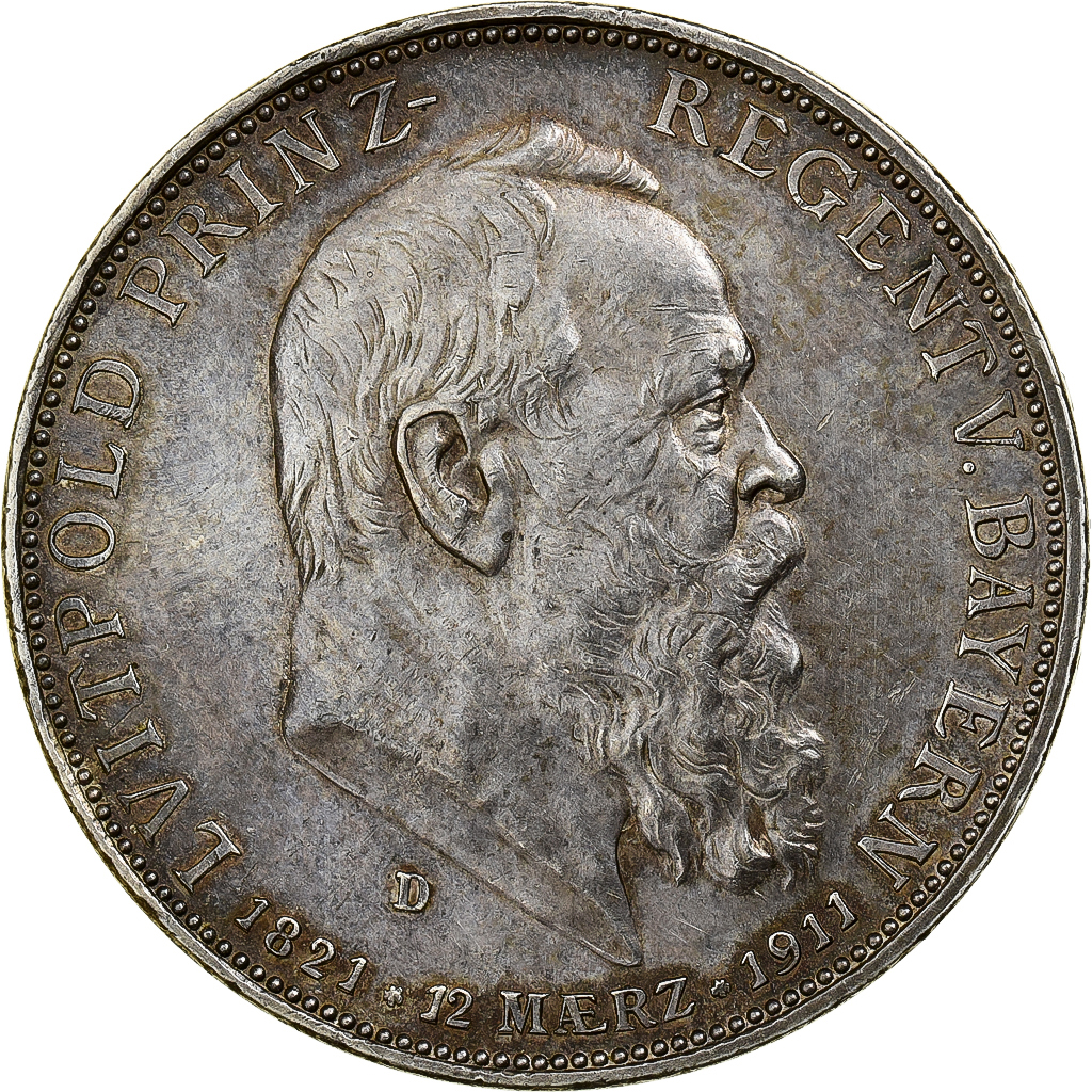 German States, BAVARIA, Luitpold, 5 Mark, 1911, Munich, Silver,