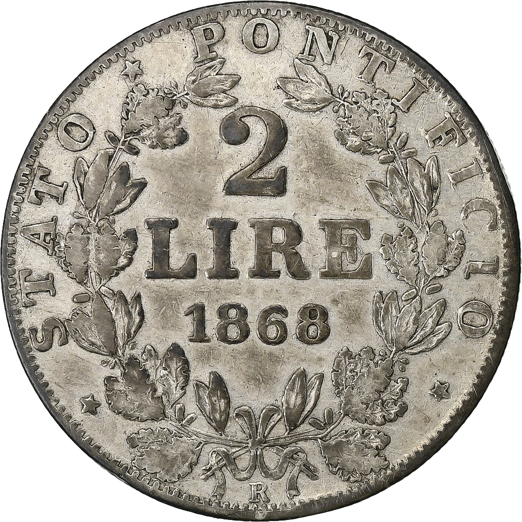 Italian States, PAPAL STATES, Pius IX, 2 Lire, 1868, Rome, Silver,