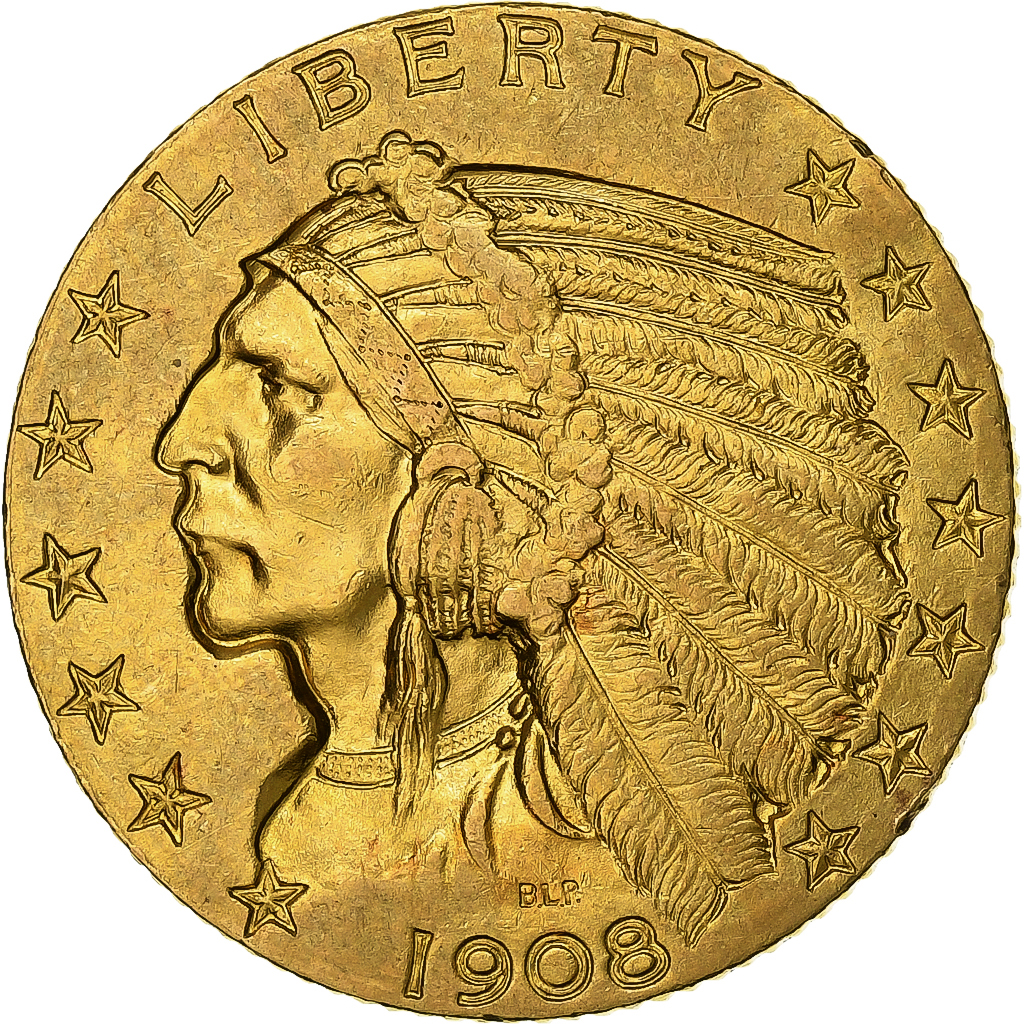 United States, $5, Half Eagle, Indian Head, 1908, Philadelphia, Gold,