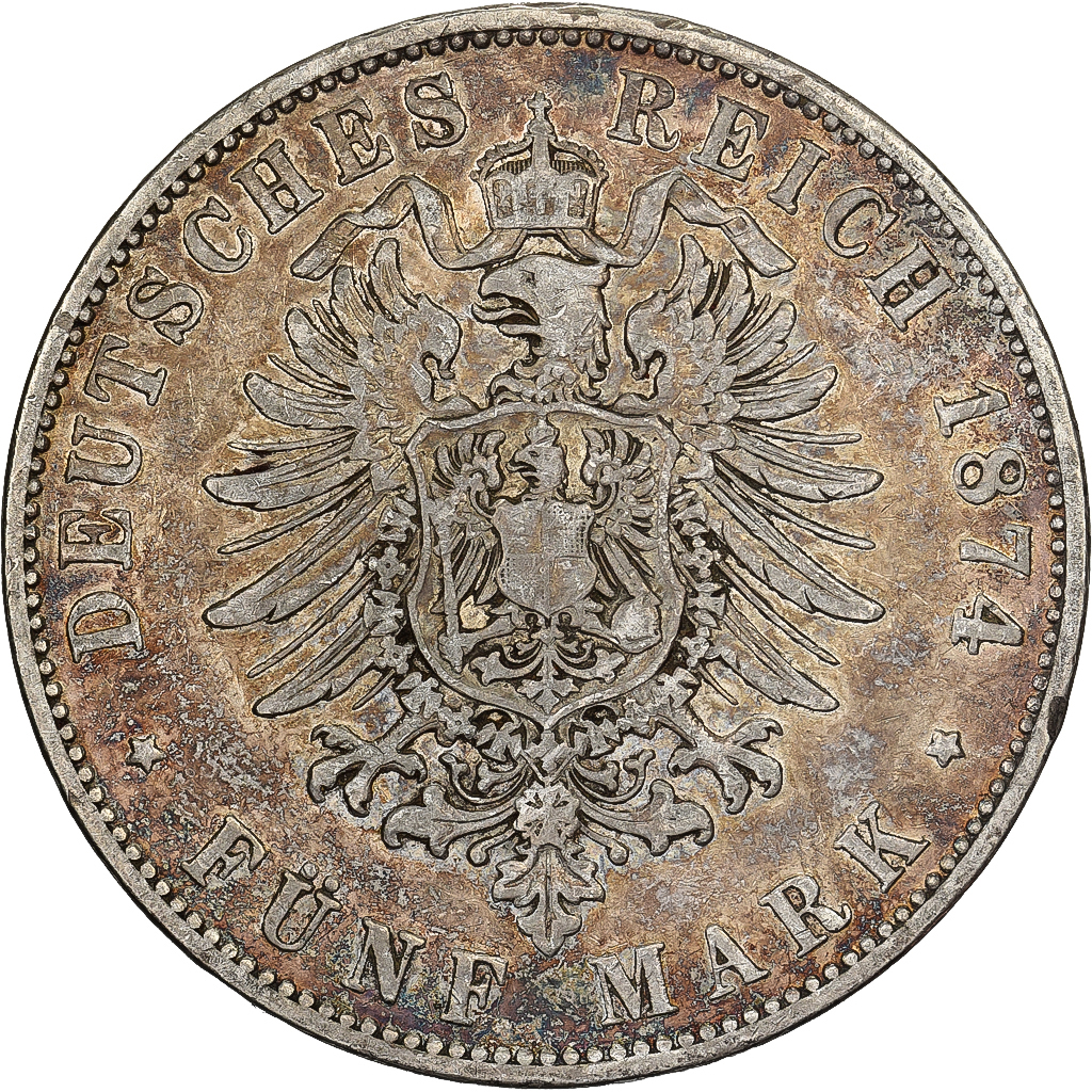 German States, BAVARIA, Ludwig II, 5 Mark, 1874, Munich, Silver,