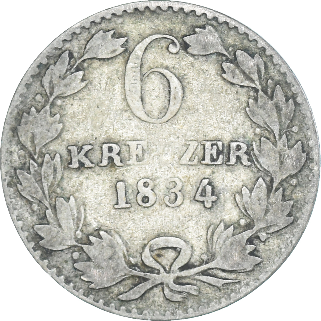 Coin, German States, BADEN, Leopold I, 6 Kreuzer, 1834, , Silver