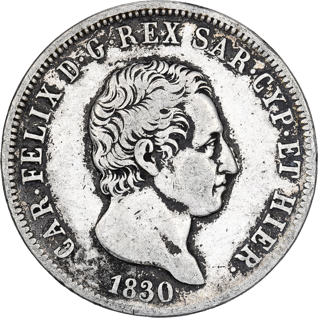 Italian States, SARDINIA, Carlo Felice, 5 Lire, 1830, Genoa, Silver,