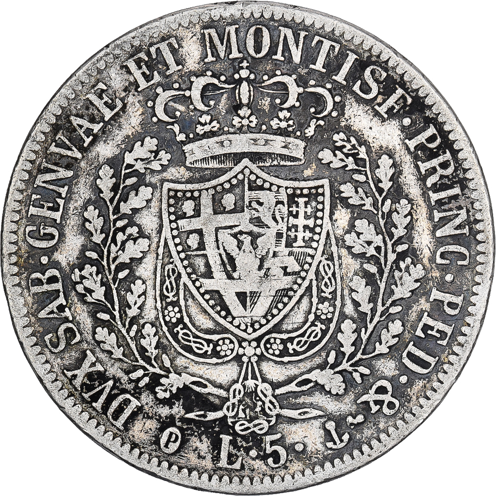 Italian States, SARDINIA, Carlo Felice, 5 Lire, 1830, Genoa, Silver,