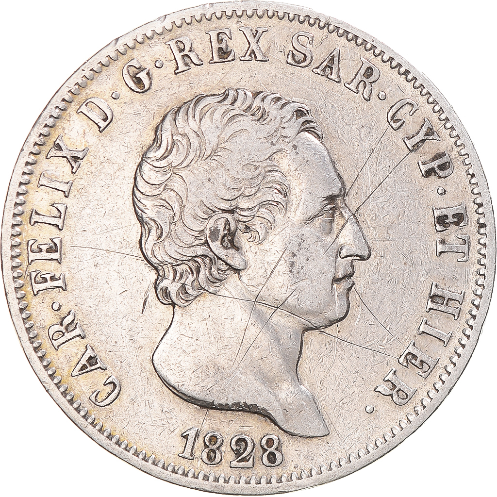 Coin, ITALIAN STATES, SARDINIA, Carlo Felice, 5 Lire, 1828, Genoa,