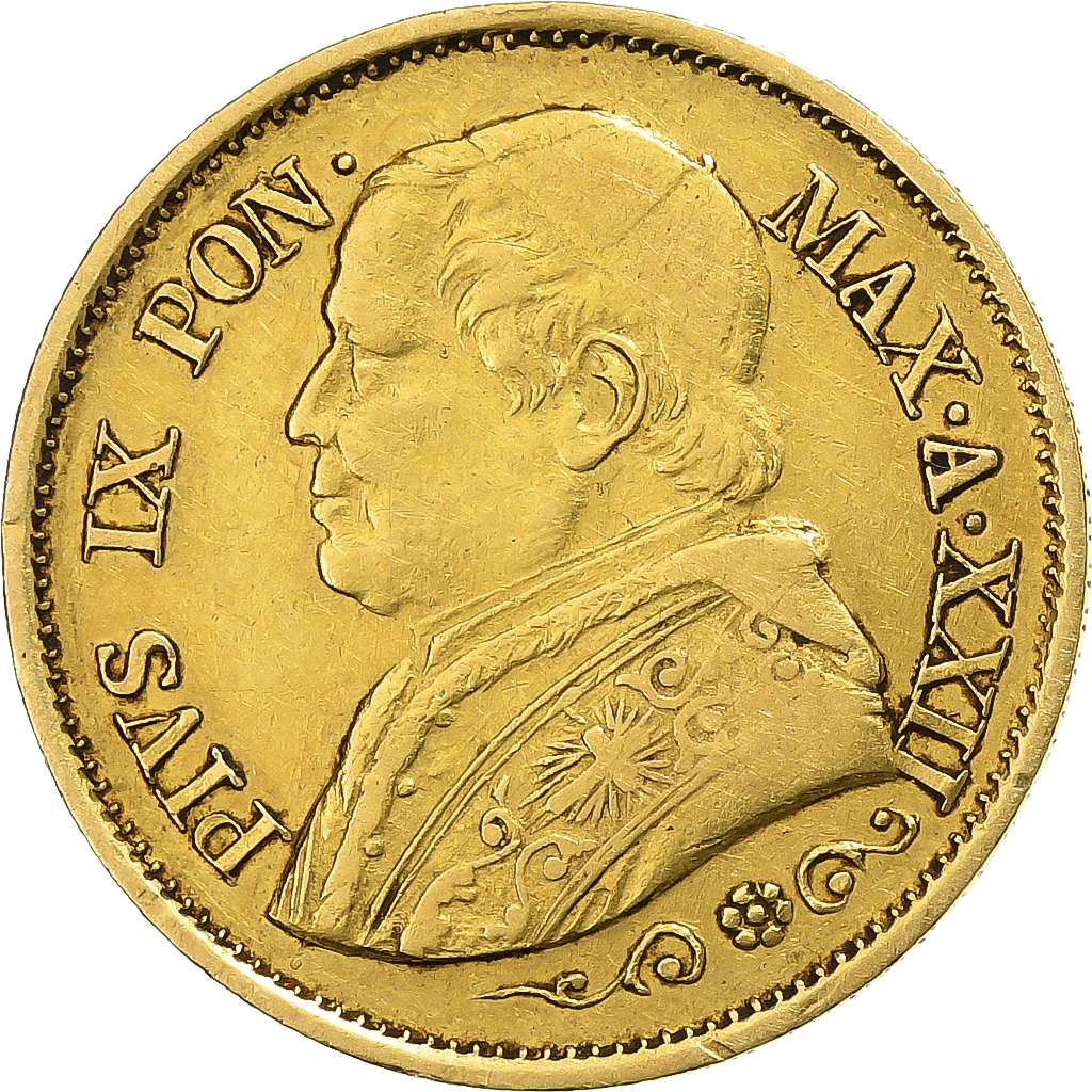 ITALIAN STATES, PAPAL STATES, Pius IX, 10 Lire, 1867-XXII, Rome, Gold