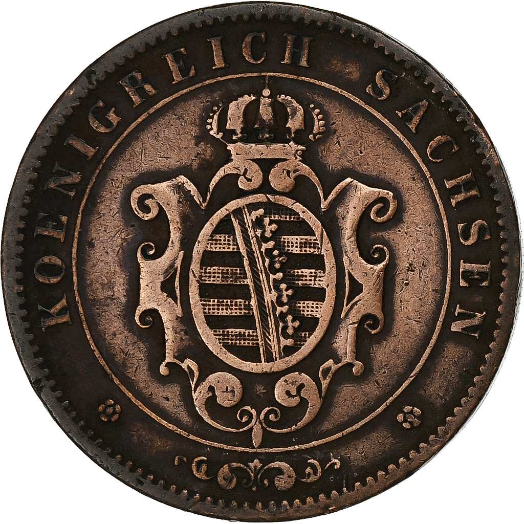 German States, SAXONY-ALBERTINE, Johann, 5 Pfennig, 1864, Dresde, Copper