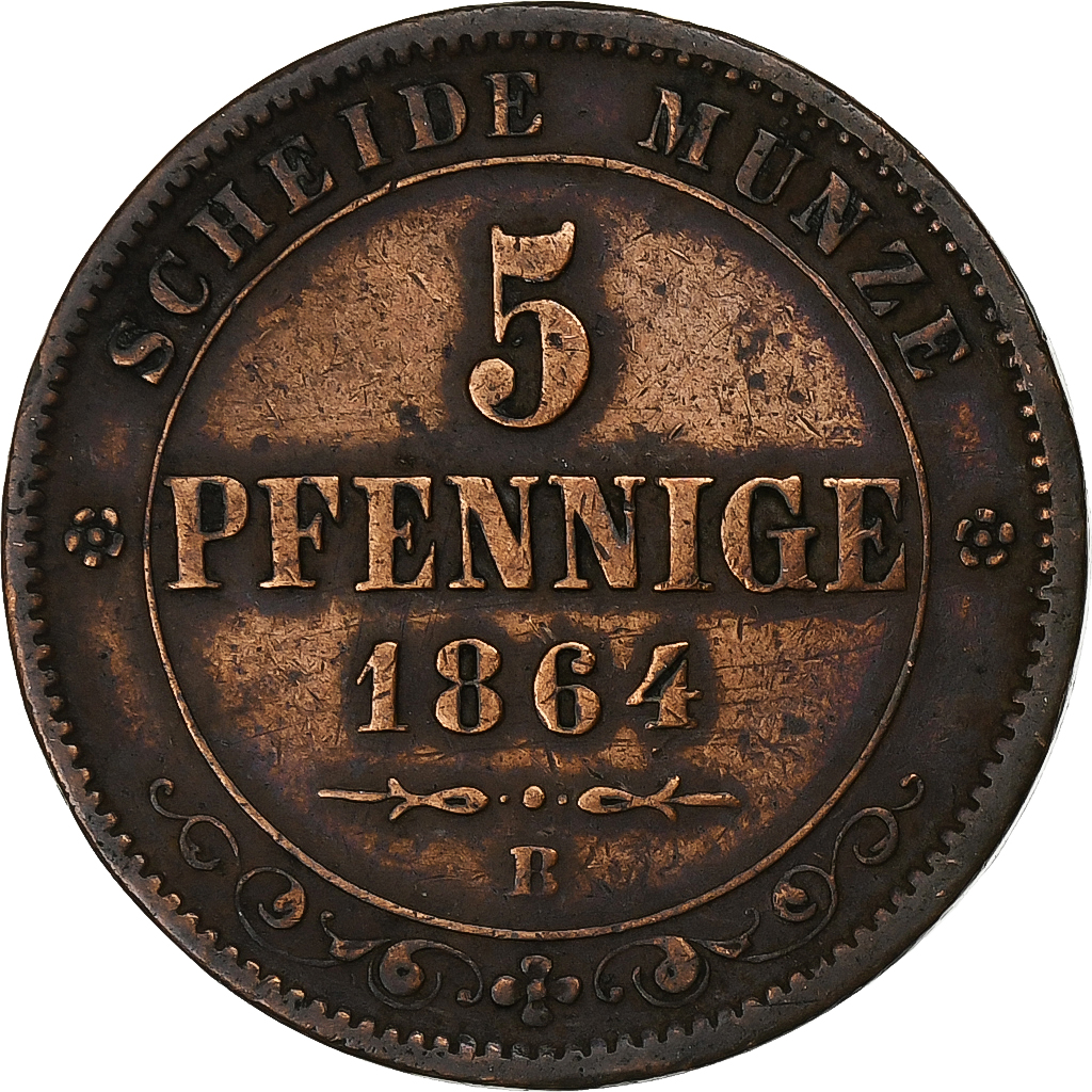 German States, SAXONY-ALBERTINE, Johann, 5 Pfennig, 1864, Dresde, Copper