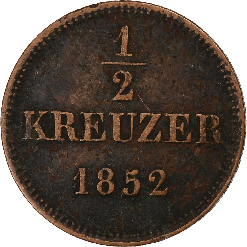 German States, BAVARIA, Maximilian II, 1/2 Kreuzer, 1852, Munich, Copper