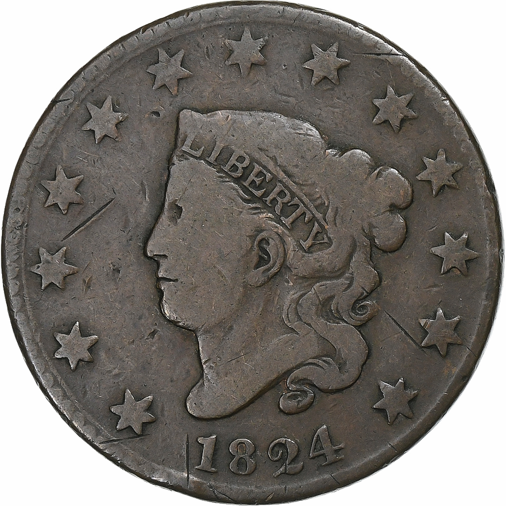 United States, Cent, Coronet Head, 1824, Philadelphia, Copper,