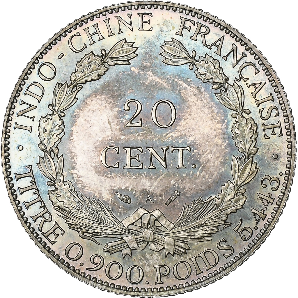 French Indochina, 20 Cent, 1889, Paris, Proof, Flan Bruni, Silver, , KM:3