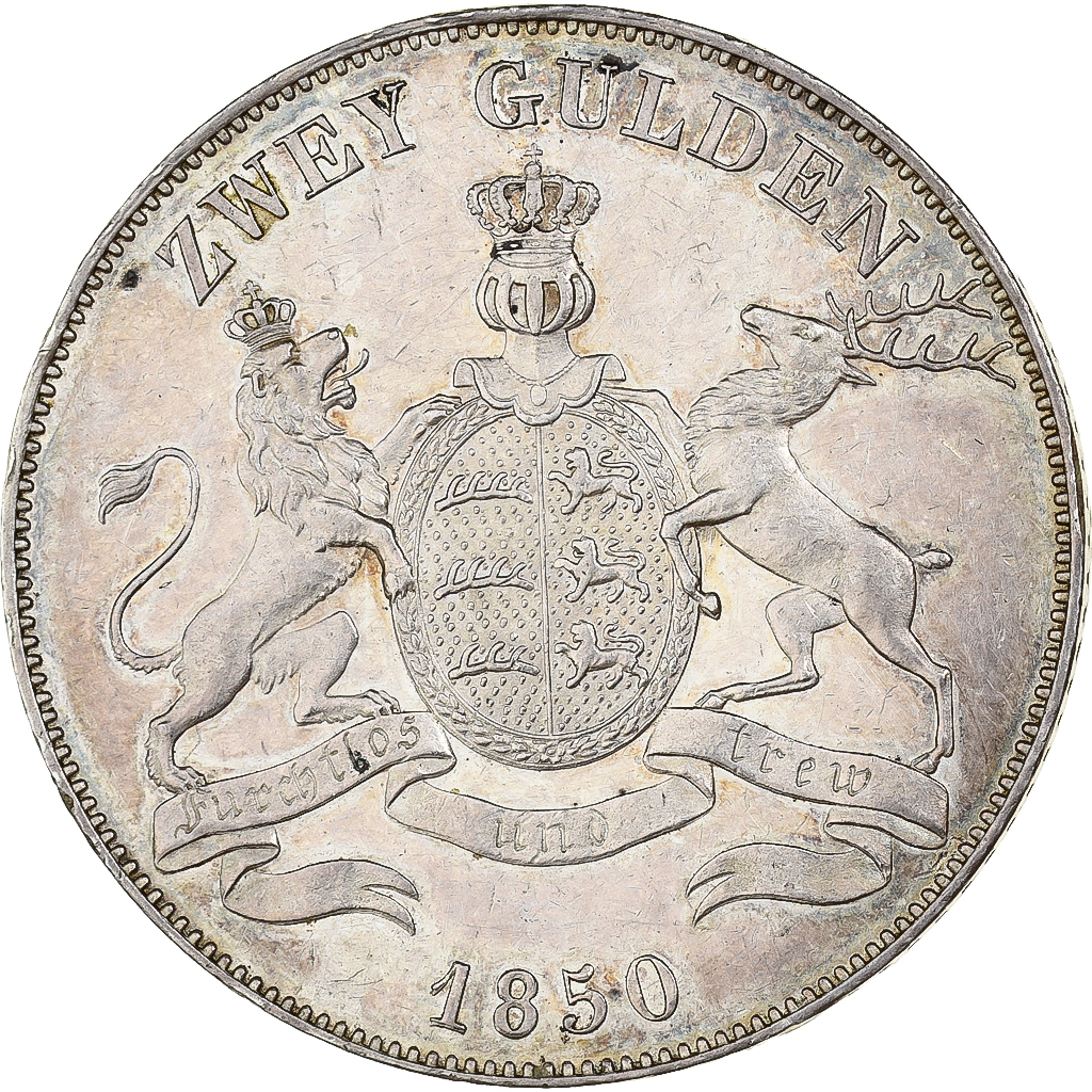 Kingdom of Württemberg, Wilhelm I, 2 Gulden, 1850, Stuttgart, Silver