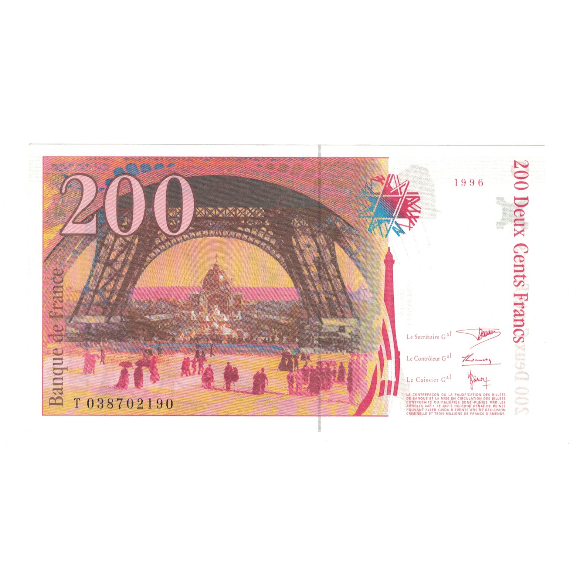 France, 200 Francs, Eiffel, 1996, T038702190, UNC(65-70), Fayette:75.3a ...