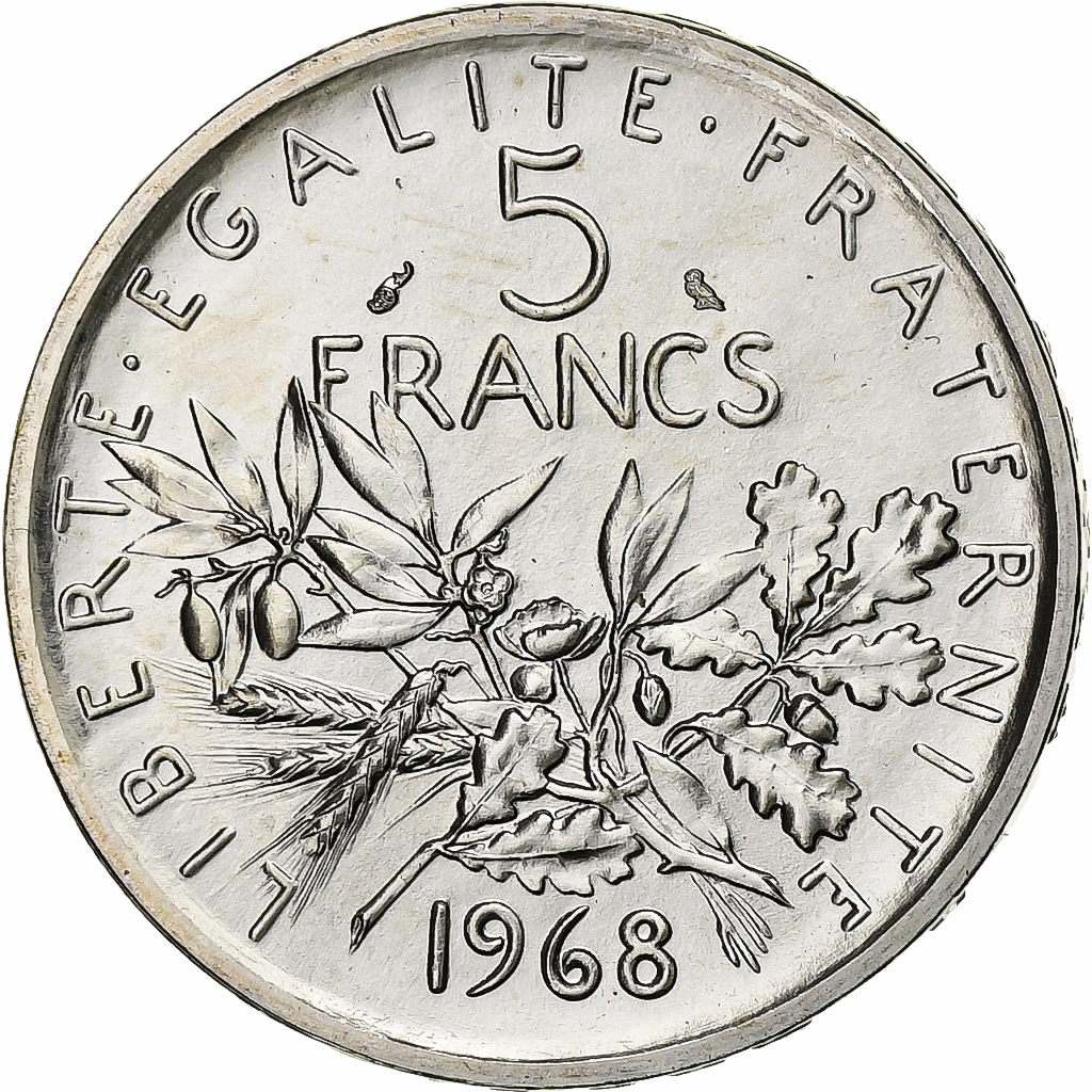 France, 5 Francs, Semeuse, 1968, Paris, Silver, | European Coins