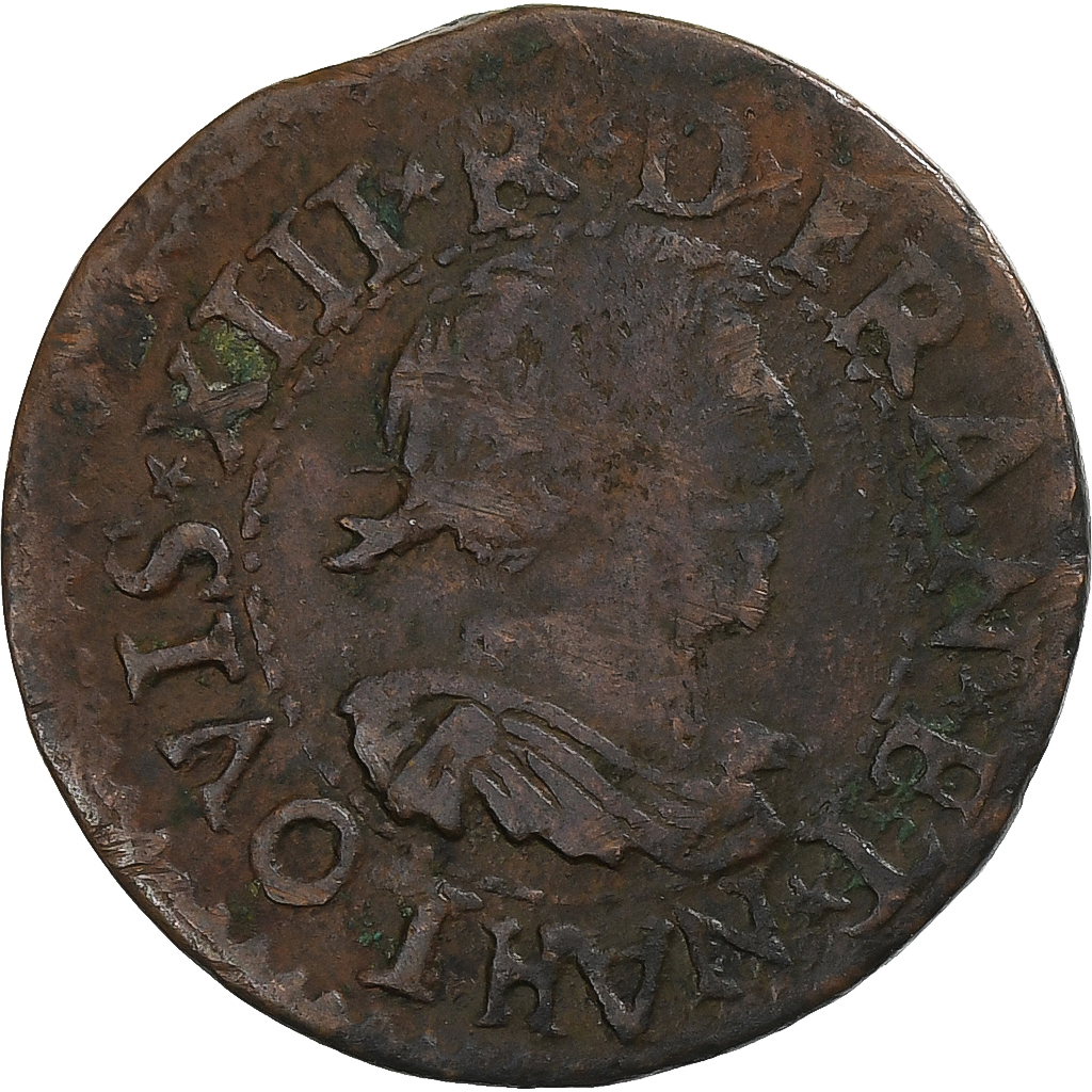 France, Louis XIII, Double Tournois, 1640, La Rochelle, Copper,