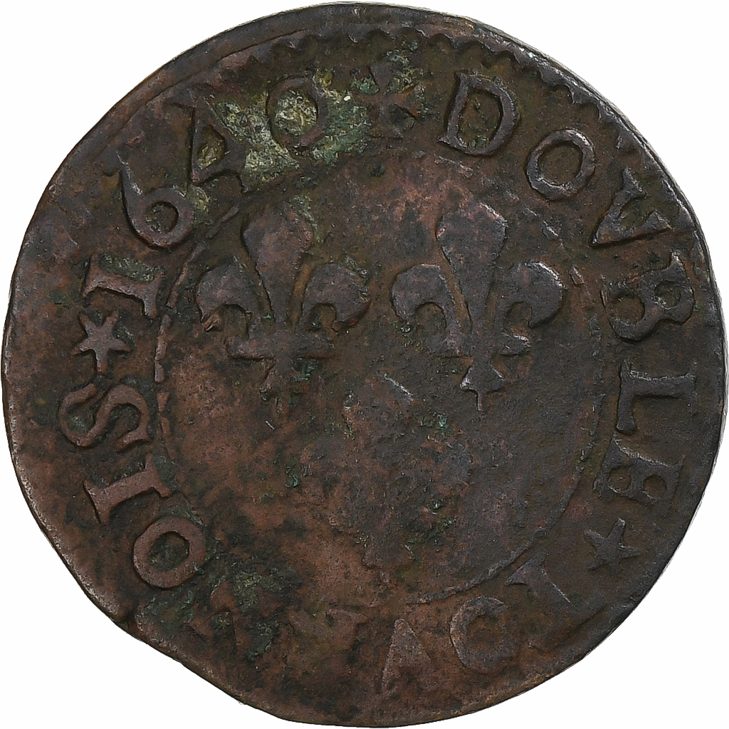 France, Louis XIII, Double Tournois, 1640, La Rochelle, Copper,