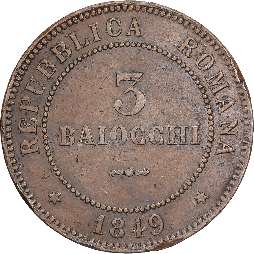 Roman Republic, 3 Baiocchi, 1849, Rome, Bronze, | European Coins