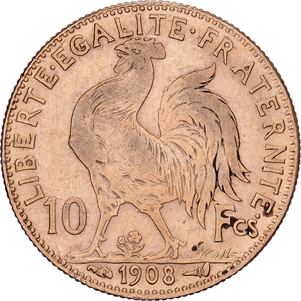 France, 10 Francs, Rooster, 1908, Paris, Marianne, Gold, | European Coins