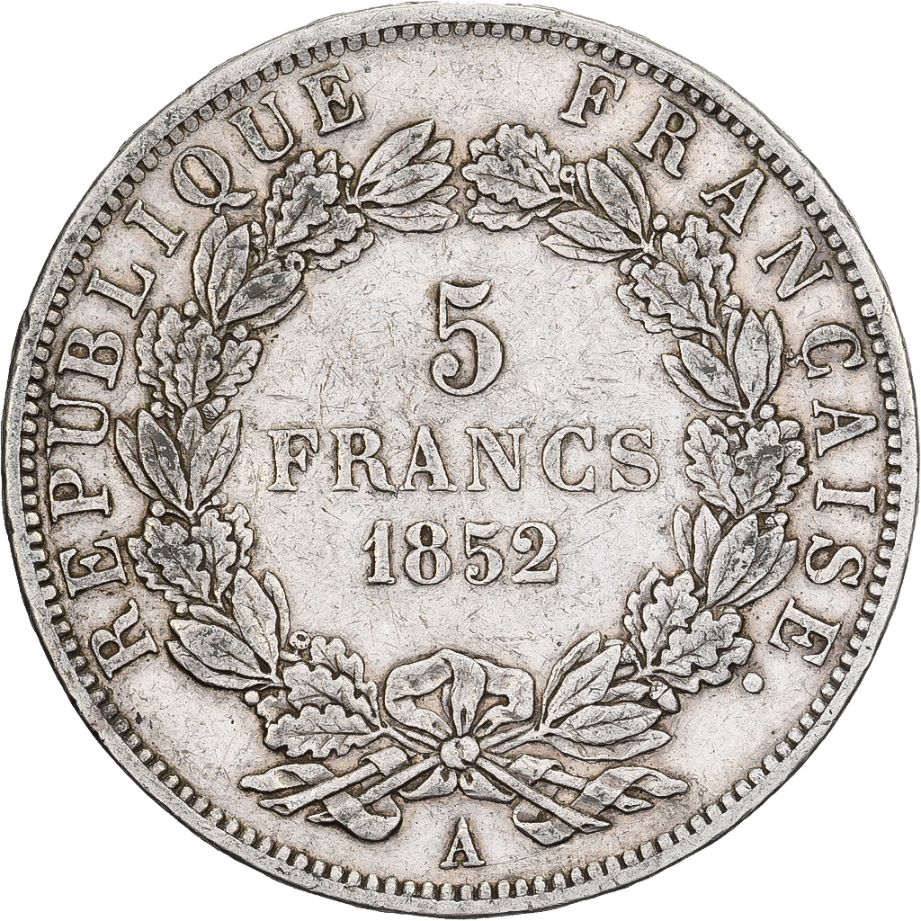 France, Louis-Napoléon Bonaparte, 5 Francs, 1852, Paris, Silver,