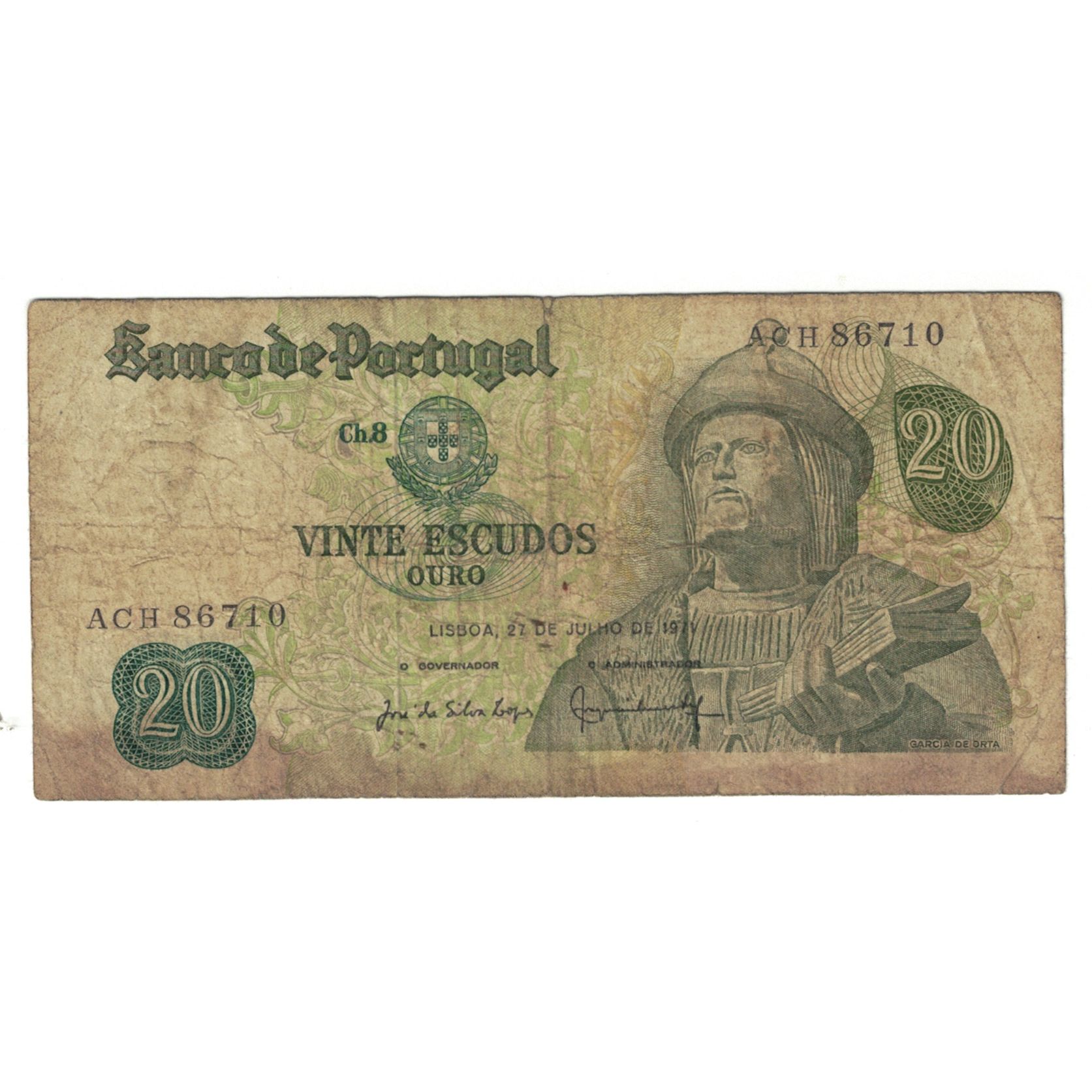 Banknote, Portugal, 20 Escudos, 1971, 1971-07-27, KM:173, VG(8-10)