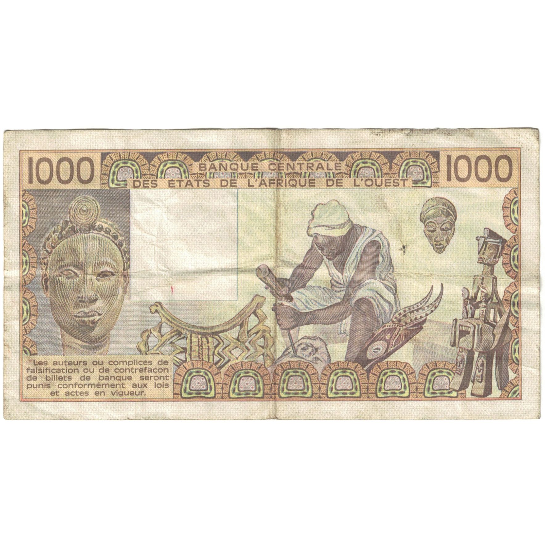 Banknote, West African States, 1000 Francs, 1987, KM:707Kh, VF(20-25)