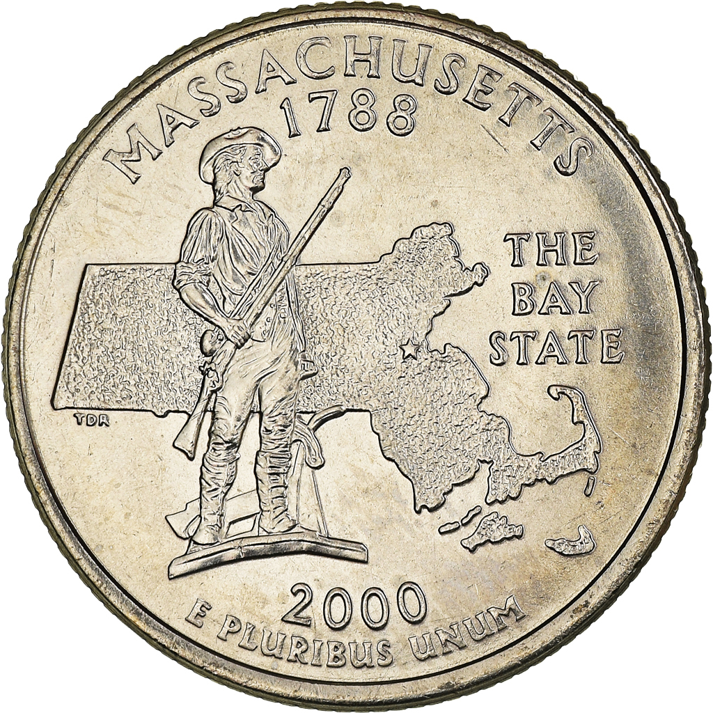 Coin, United States, Quarter, 2000, U.S. Mint, Denver, Massachusetts 1788