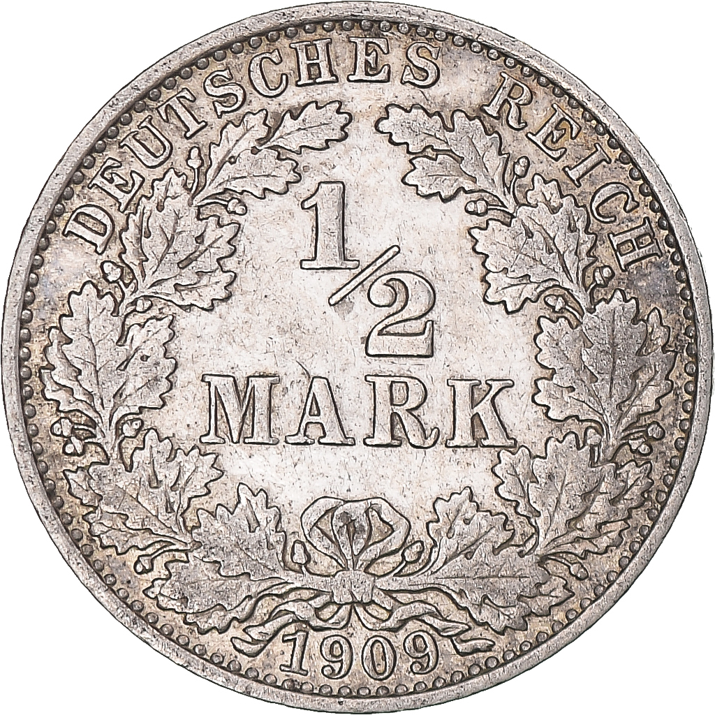 Coin, GERMANY - EMPIRE, 1/2 Mark, 1909, Berlin, , Silver, KM:17