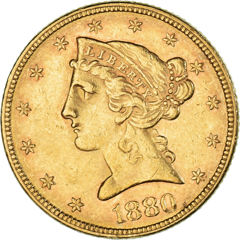 Coin, United States, Coronet Head, $5, Half Eagle, 1880, Philadelphia