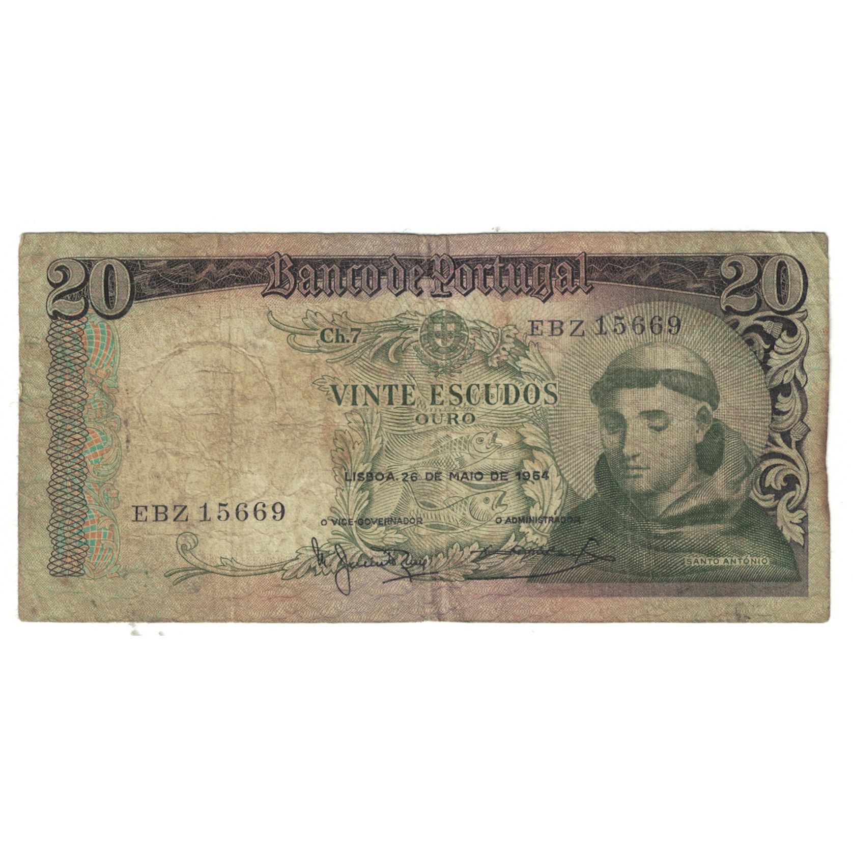 Banknote, Portugal, 20 Escudos, 1964-1966, 1964-05-26, KM:167a, VF(20-25)