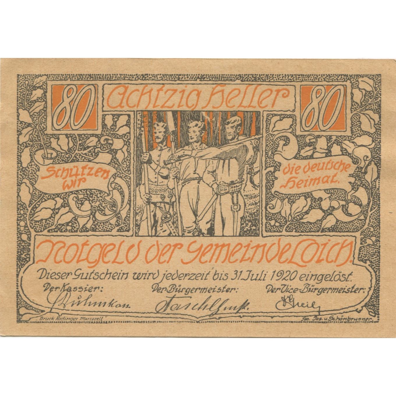 Banknote, Austria, Loich, 80 Heller, personnage, 1920 UNC(63) Mehl:FS 562