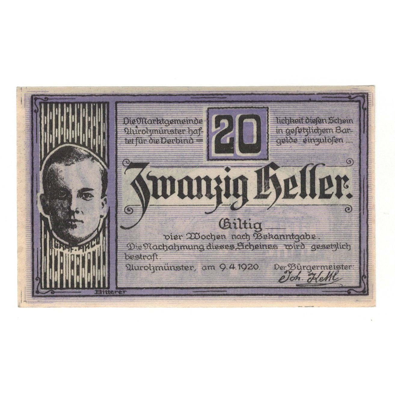 Banknote, Austria, Aurolzmünster O.Ö. Marktgemeinde, 20 Heller, place, 1920