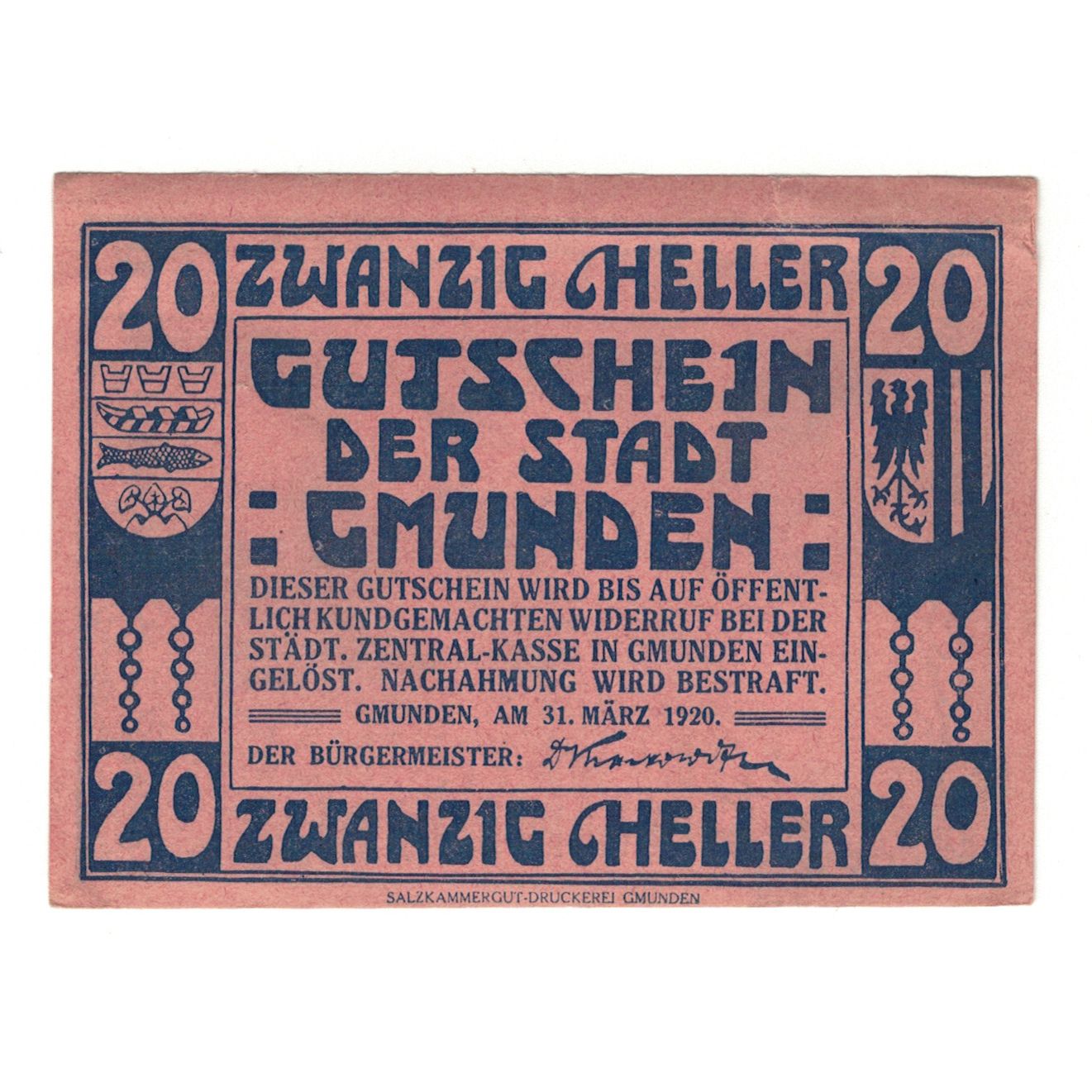 Banknote, Austria, Gmunden O.Ö. Stadt, 20 Heller, personnage, 1920 ...