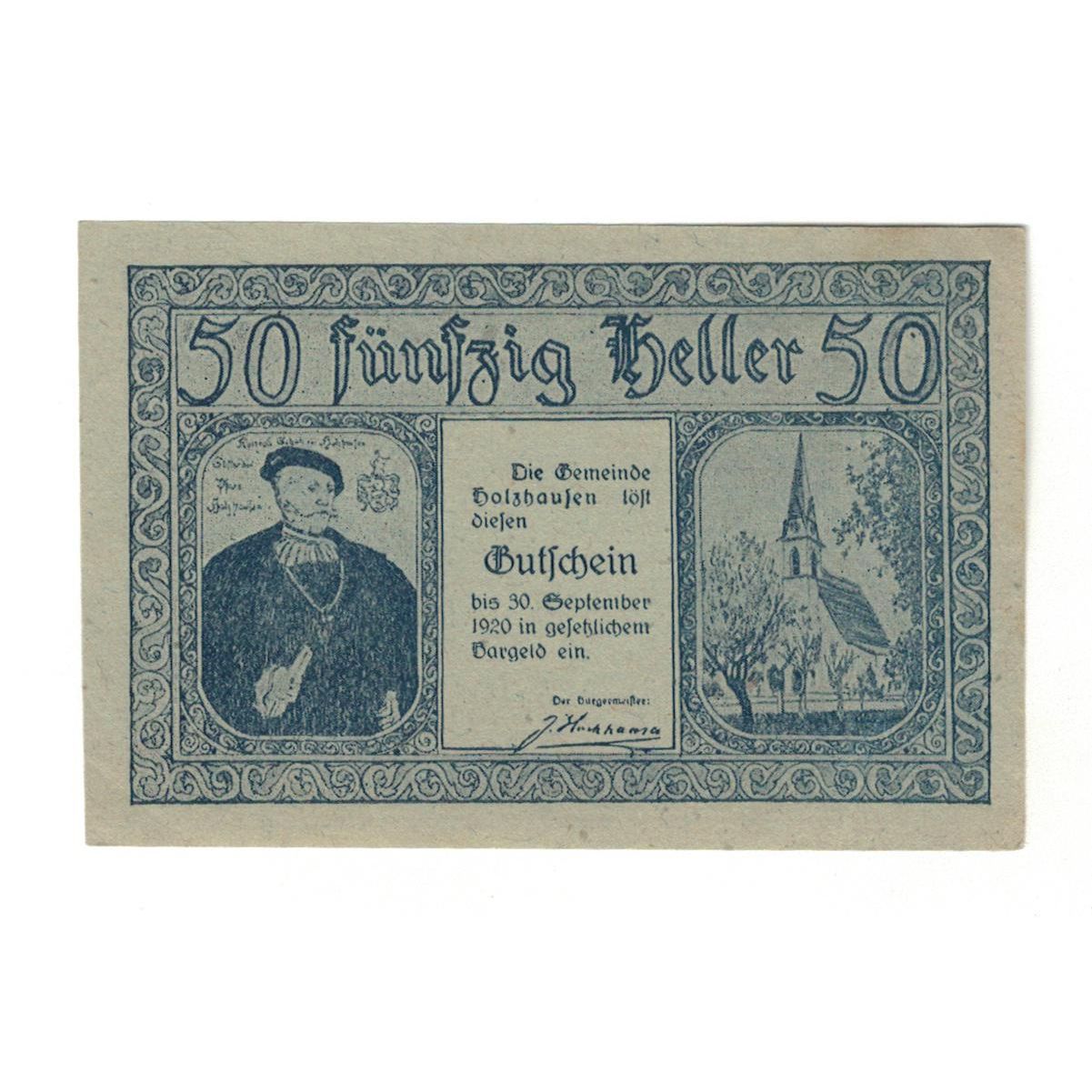 Banknote, Austria, Holzhausen O.Ö. Gemeinde, 50 Heller, paysage, 1920
