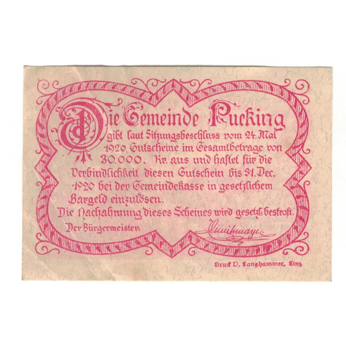 Banknote, Austria, Pucking O.Ö. Gemeinde, 50 Heller, paysage, 1920 ...