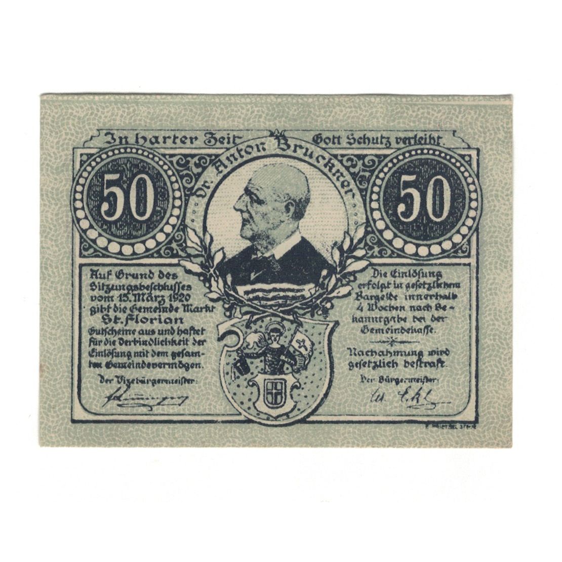 Banknote, Austria, St. Florian O.Ö. Gemeinde, 50 Heller, personnage, 1920