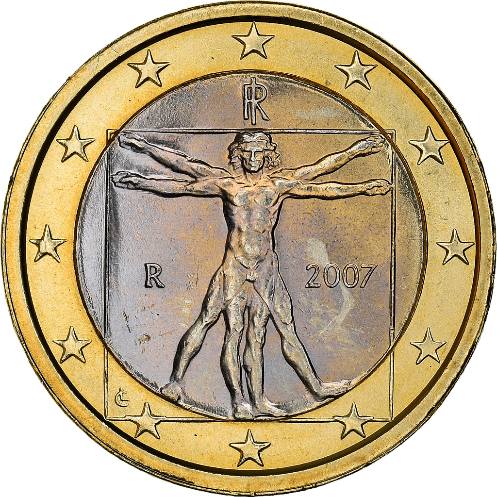 Italy, 1 Euro, Vitruvian Man, 2007, , Bi-Metallic | European Coins