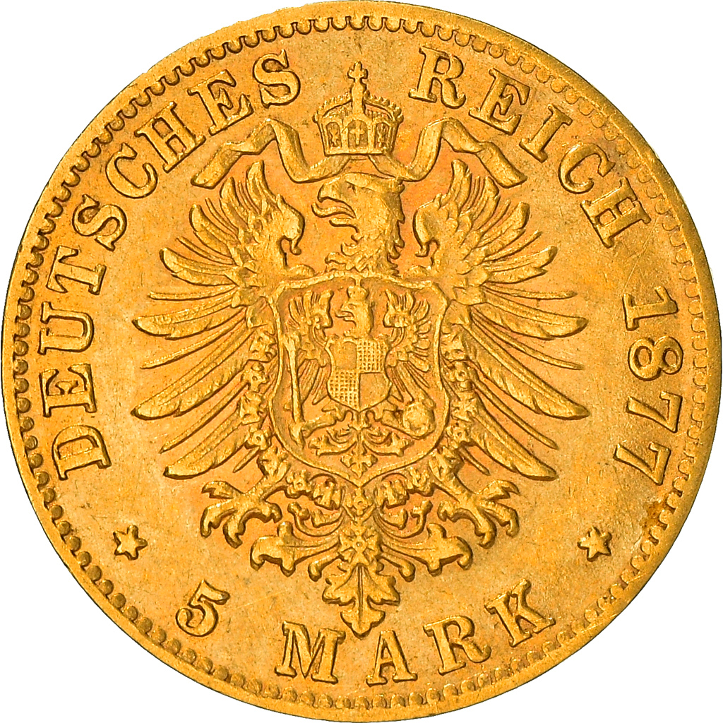 Coin, German States, PRUSSIA, Wilhelm I, 5 Mark, 1877, Cleves, , Gold