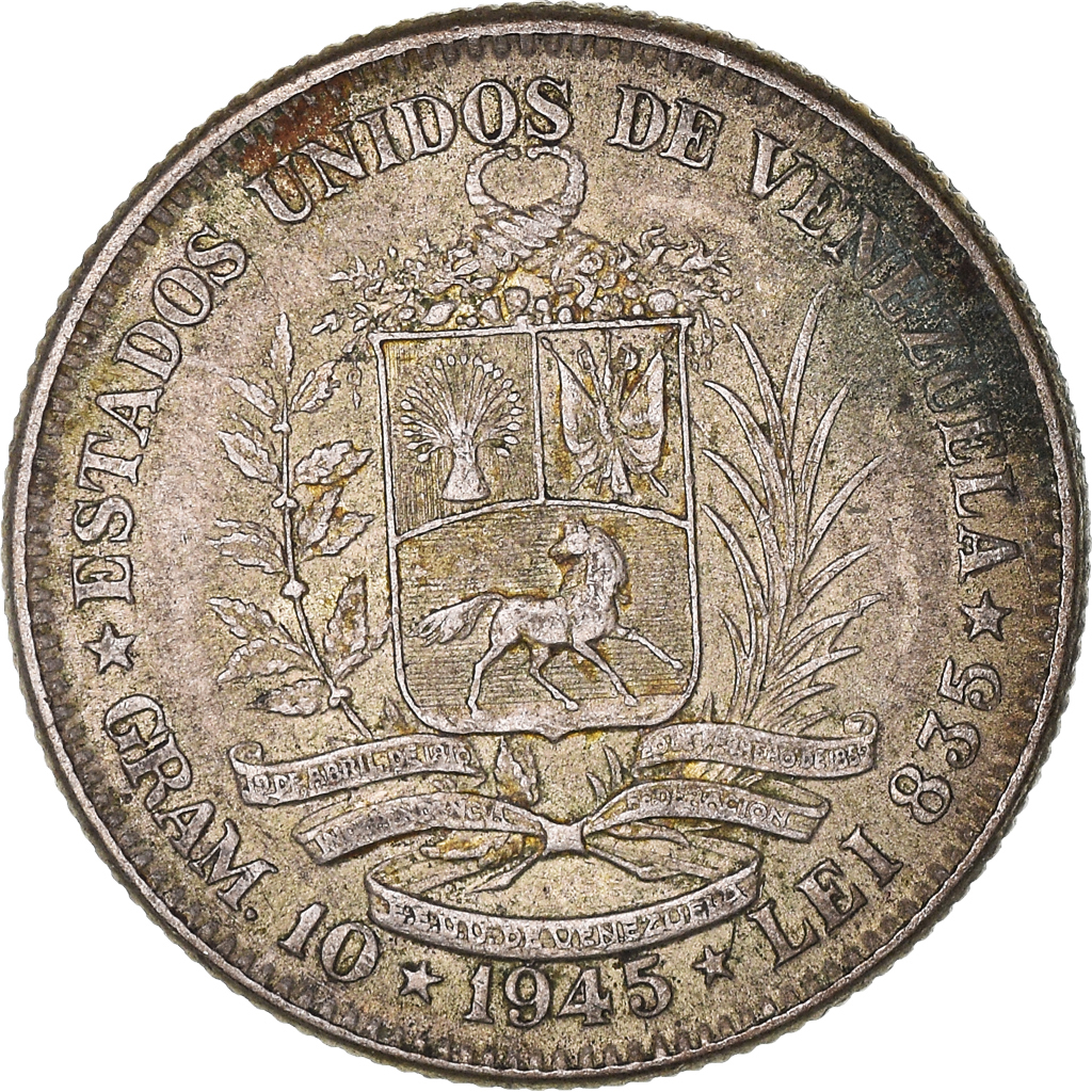 Coin, Venezuela, Gram 10, 2 Bolivares, 1945, Philadelphia, , Silver
