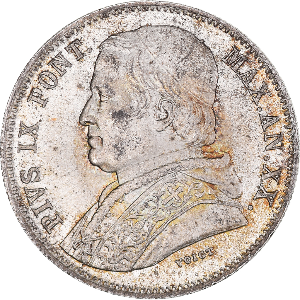 Coin, ITALIAN STATES, PAPAL STATES, Pius IX, 20 Baiocchi, 1865, Rome,