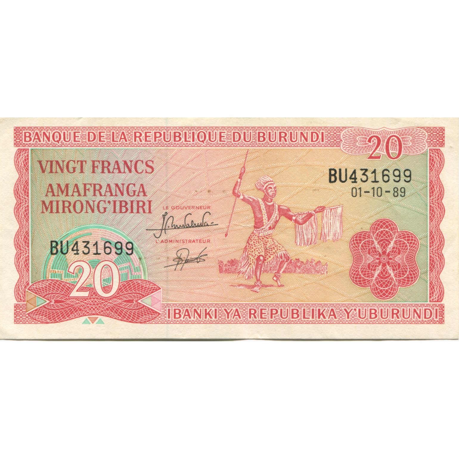 Banknote, Burundi, 20 Francs, 1989, 1989-10-01, KM:27b, UNC(63)