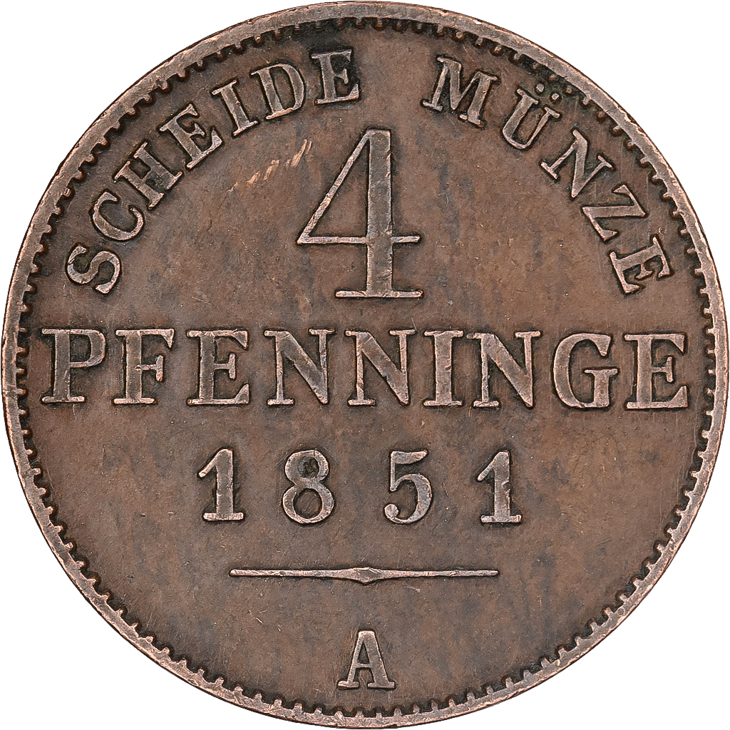 Prussia, PRUSSIA, Friedrich Wilhelm IV, 4 Pfennig, 1851, Berlin, Copper