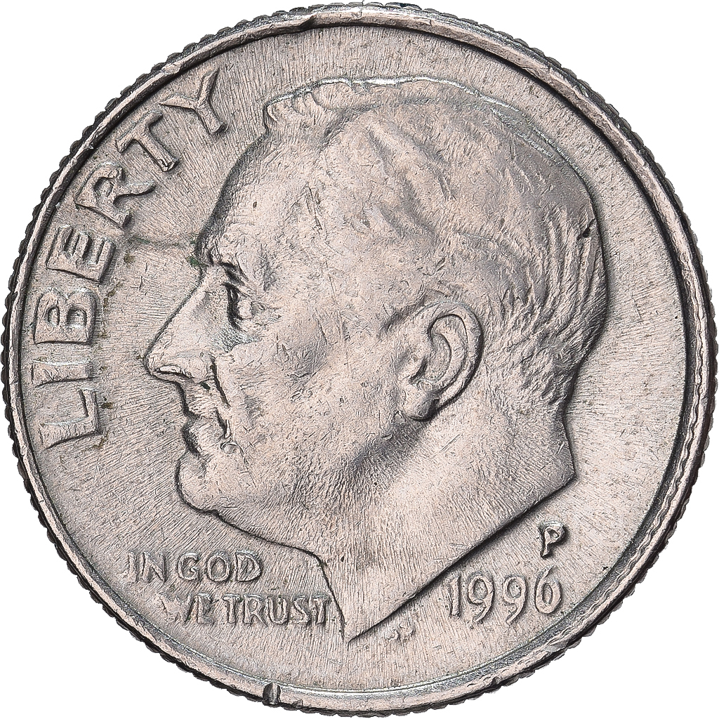 United States, Dime, Roosevelt, 1996, U.S. Mint, Copper-Nickel Clad Copper